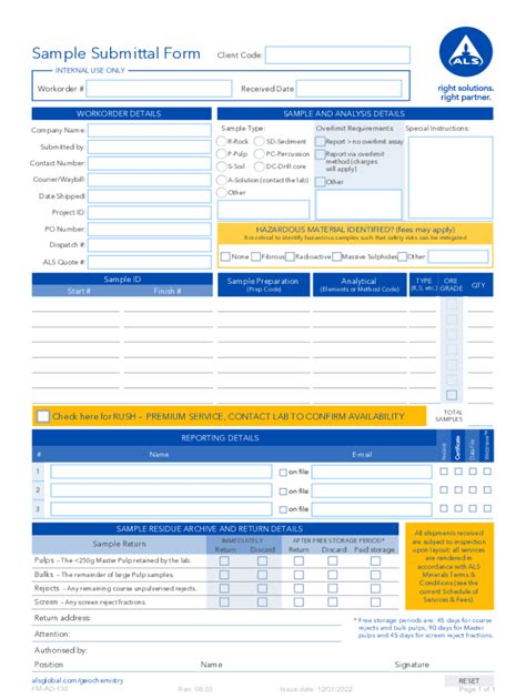 Fillable Online Sample Submittal Form ALS Global Fax Email Print