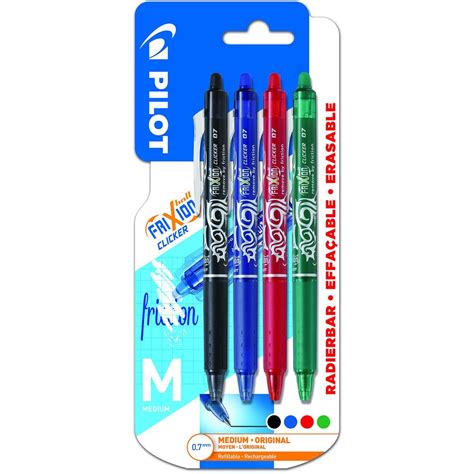 PILOT Lot de 4 stylos effaçables pointe moyenne noir vert rouge bleu