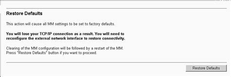 BladeCenter Web Interface MM Control Restore Defaults Page