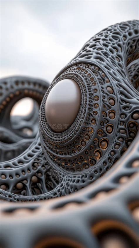 Futuristic Abstract Sculpture With Intricate Patterns And A Central Sphere Ai Stock Image
