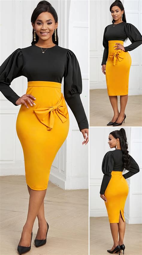 Bowknot Contrast Lantern Sleeve Bodycon Dress Vika Star