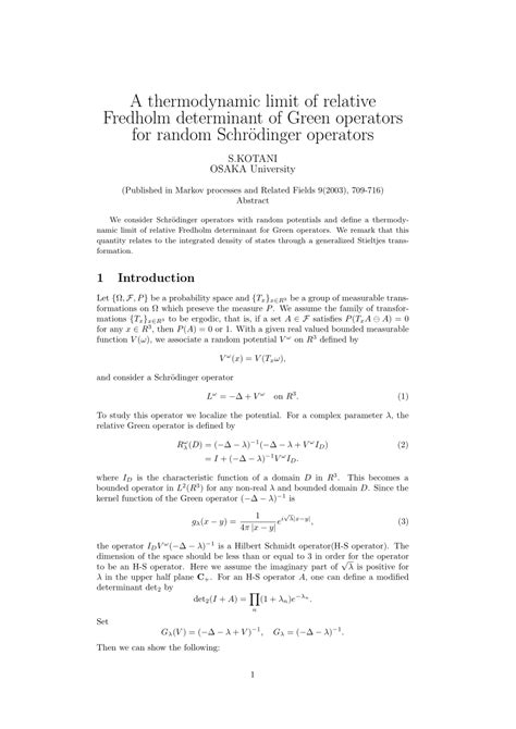 pdf thermodynamic limit of relative fredholm determinant of green