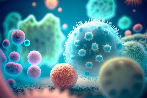 Macro Shot Of Different Types Of Microbes Probiotics Gram Positive Bacteria Virus Cells And