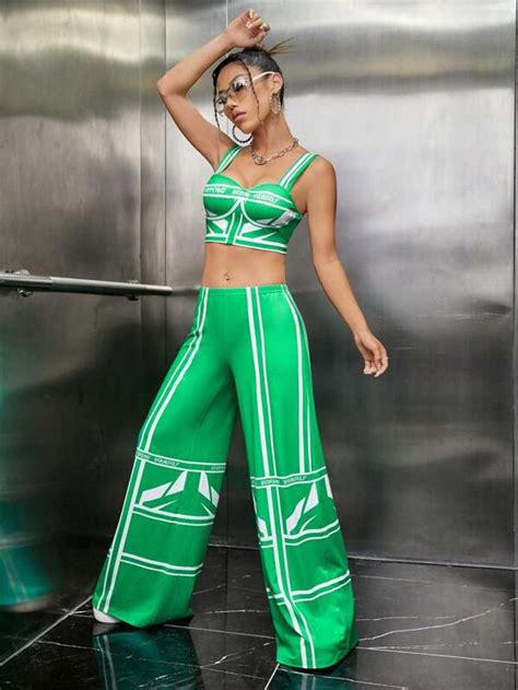 SHEIN ICON Bikercore Letter Graphic Crop Wide Straps Top Wide Leg