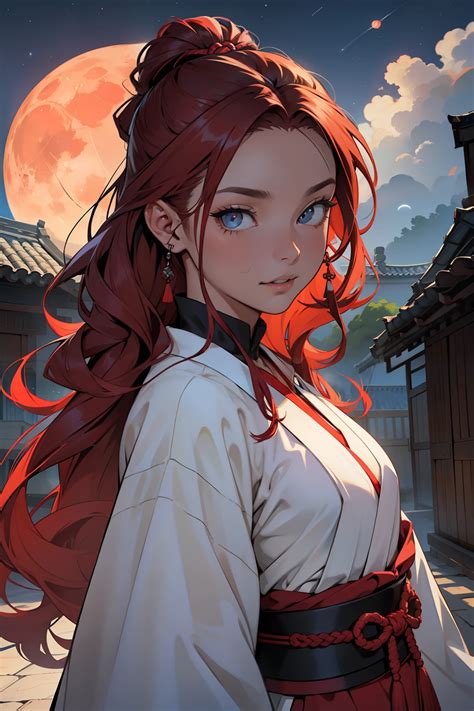 一個紅髮白襯衫的女人站在滿月前 Seaart Ai
