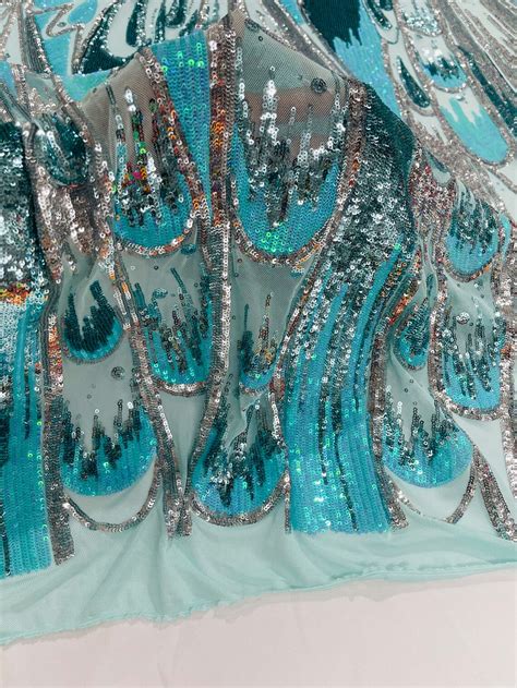 Multi Color Sequins Design Mint Aqua Silver 4 Way Stretch Sequ