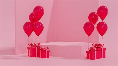 분홍색 큐브 연단 장면 빨간 선물 상자와 축제 헬륨 빨간 풍선이있는 빈 광고 받침대 빈 화면 복사 공간을 모형3d 렌더링 그림 3차원 형태에 대한 스톡 사진 및 기타 이미지