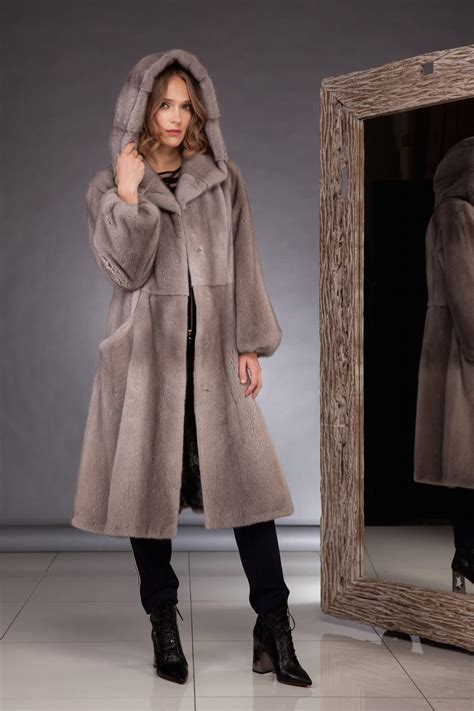 Natural Silver Velvet Mink Fur Cliché Coat With Hood Handmade By Nordfur