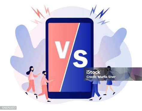 스마트폰 화면에서 Vs 전투 표지판 문자 대 두 사람 또는 제품 간의 경쟁 현대 플랫 만화 스타일 흰색 배경의 벡터 그림 개념에 대한 스톡 벡터 아트 및 기타 이미지