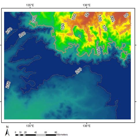 srtm dem and calculated contour lines in 50 m intervals showing the