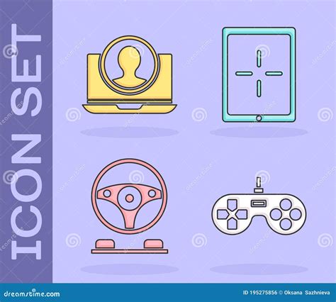 Set Gamepad Create Account Screen Racing Simulator Cockpit And Tablet Icon Vector Stock