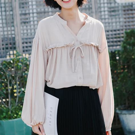 새로운 2019 봄 여름 블라우스 셔츠 긴 소매 V 넥 블라우스 프릴 하이 스트리트 여성 셔츠 루스 스타일 캐주얼 레이디 S