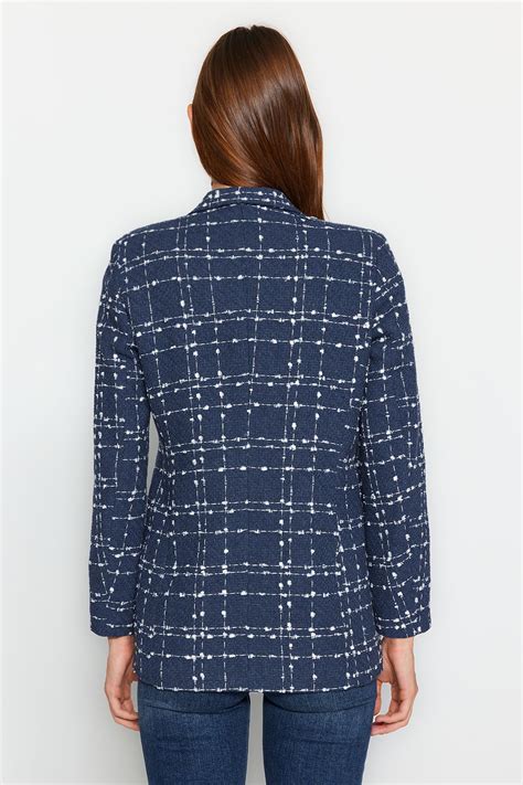 Trendyol Collection Navy Blue Tweed Regular Woven Plaid Blazer Jacket