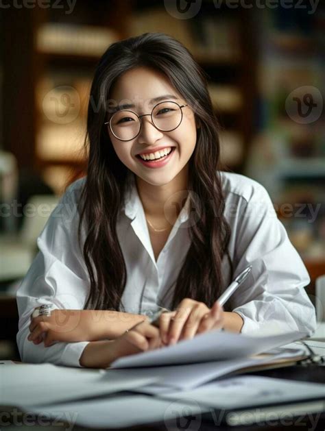 Delightful Pretty Woman In Round Glasses Wears Shirt Stands Indoors