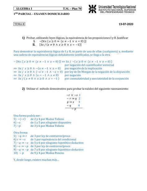 Álgebra I 1er parcial B 2020 Resuelto ÁLGEBRA I T Plan 70 1 ER