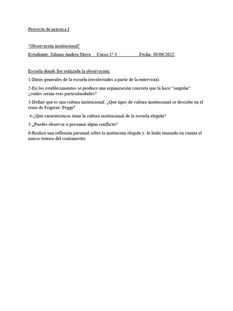 A Proyecto De Practica I Observacion Institucional Moya Juliana 1°3 Pdf