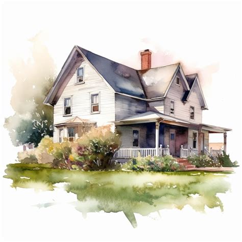 Premium Photo Watercolor Painting Of A House With A Porch And A Chimney