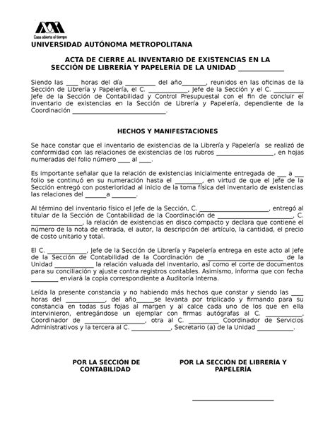 acta de cierre de inventario universidad autÓnoma metropolitana acta