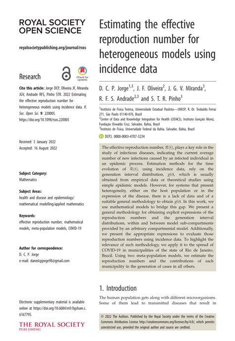 Pdf Estimating The Effective Reproduction Number For Heterogeneous Models Using Incidence Data