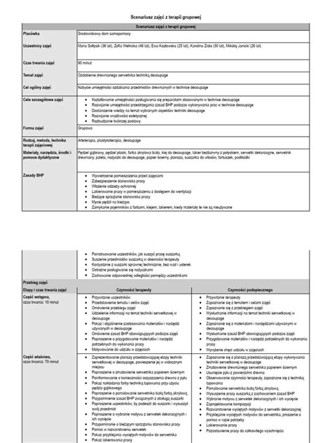 Przykładowy Scenariusz Zajęć Z Terapii Grupowej Pdf