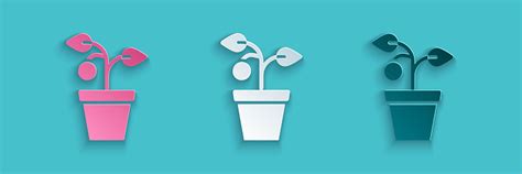 剪紙廠在鍋圖示孤立在藍色背景植物生長在鍋里盆栽植物標誌紙藝術風格向量向量圖形及更多一個物體圖片 一個物體 全景 切斷 Istock