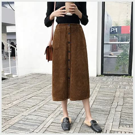 Corduroy Skirts Autumn Winter Skirt Long For Women 2018 Korean Mid Calf