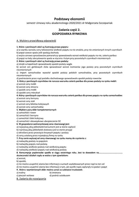 Podstawy Ekonomii Zadania Podstawy Ekonomii Semestr Zimowy Roku