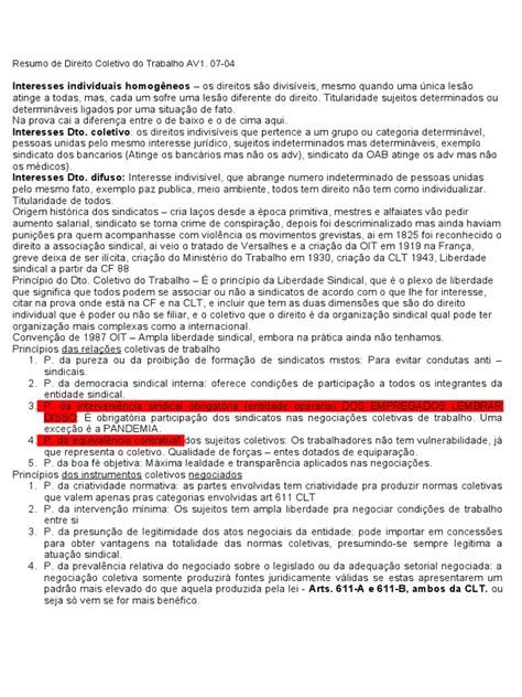 Resumo Sobre Os Principais Conceitos E Princípios Do Direito Coletivo