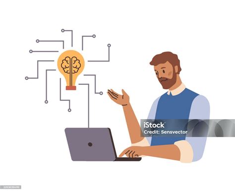 노트북에서 인공 지능 앱과 상호 작용하는 남성 캐릭터 생산성 작업을 돕는 벡터 Ai 장비 현대 기술과 혁신 기계 학습 및 발명 가공의 인물에 대한 스톡 벡터 아트 및 기타