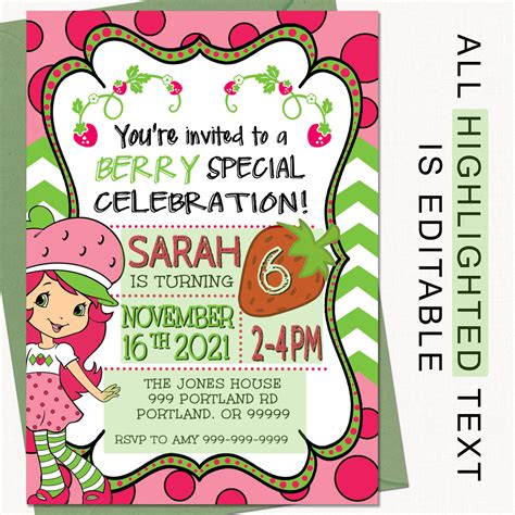 Strawberry Shortcake Birthday Invitation Kid Birthday Etsy