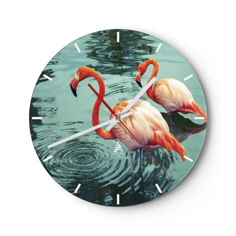 HORLOGE MURALE EN Verre X Cm Silencieuse Rose Flamants Roses Eau Wall Clock EUR