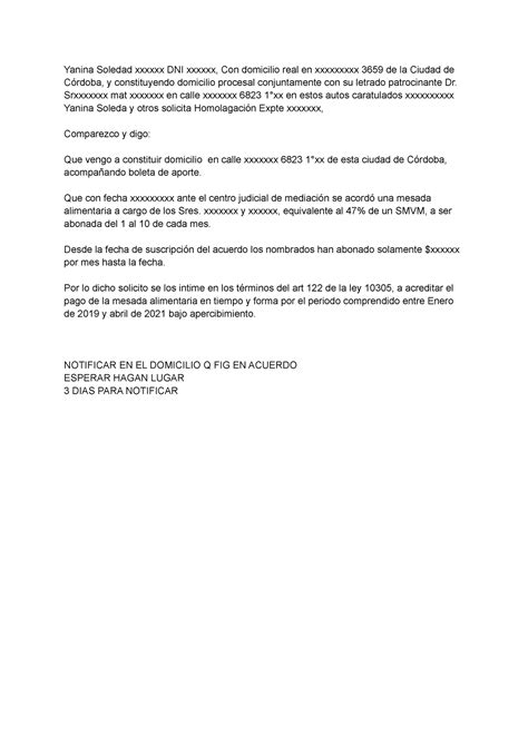 Xxx Escrito Peticiona Act Valor Alimentos Yanina Soledad Xxxxxx Dni Xxxxxx Con Domicilio Real