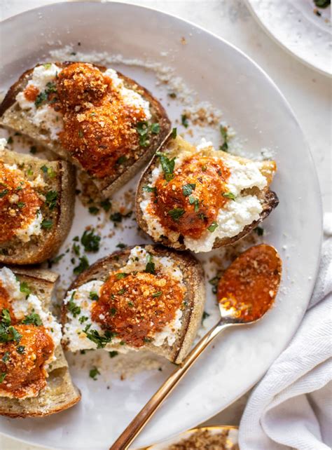 Meatballs In Vodka Sauce With Ricotta Cheese On Toast