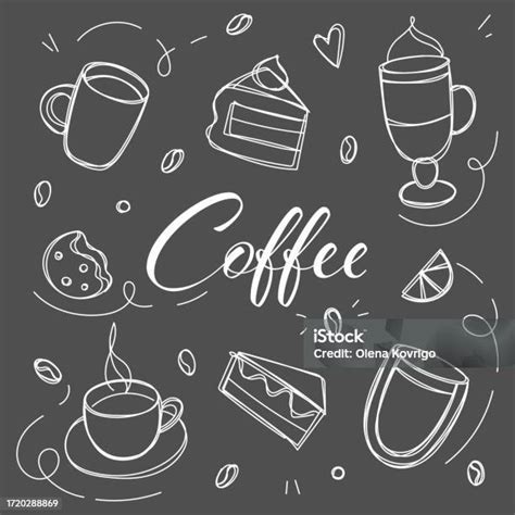 커피와 디저트는 칠판에 분필로 그려진 낙서 스타일입니다 다양한 커피 잔의 스케치 광고에 대한 스톡 벡터 아트 및 기타 이미지 광고 낙서 드로잉 달콤한 음식 Istock