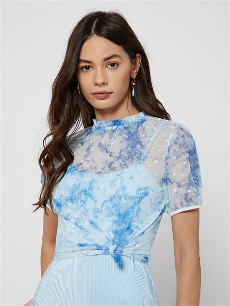 Frill Neck Tie Dye Sheer Mesh Top Without Camisole Sheer Mesh Top Dress Tie Dye