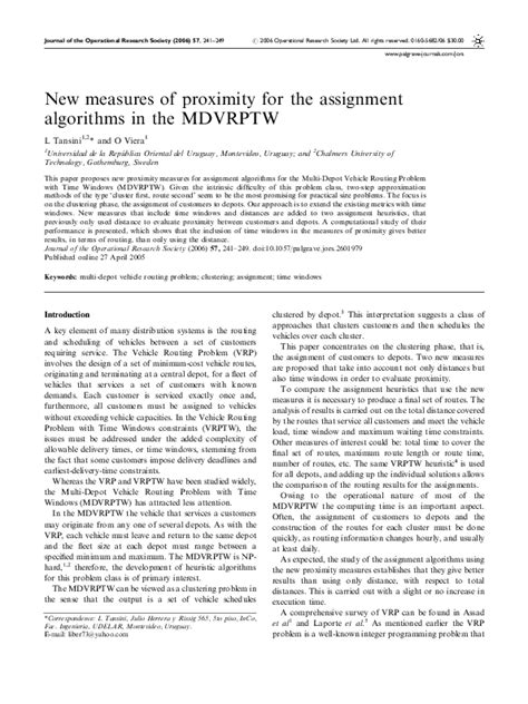 Pdf New Measures Of Proximity For The Assignment Algorithms In The Mdvrptw