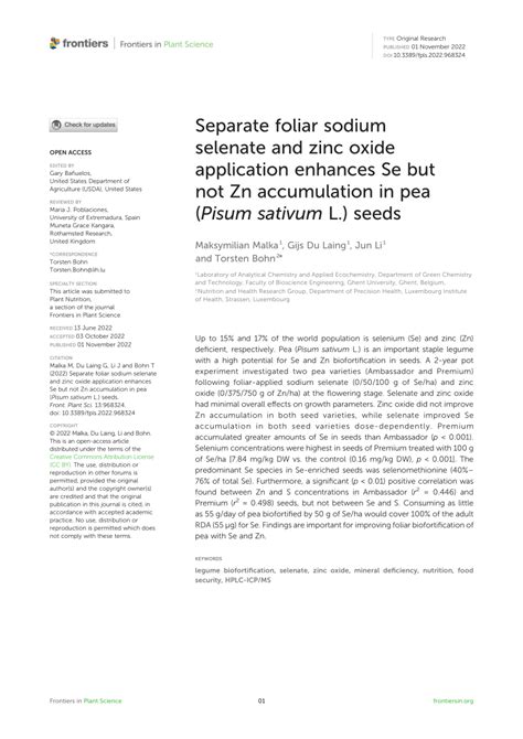 Pdf Separate Foliar Sodium Selenate And Zinc Oxide Application