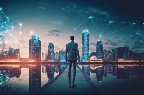 Businessman Walking On Virtual Reality Platform To Futuristic Smart City Stock Illustration