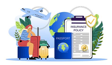 여행자 보험 정책 개념 외국 여권 및 서류 근처에 짐을 가진 여성 여행자와 관광객을 위한 금융 거래 평면 벡터 일러스트 레이 션
