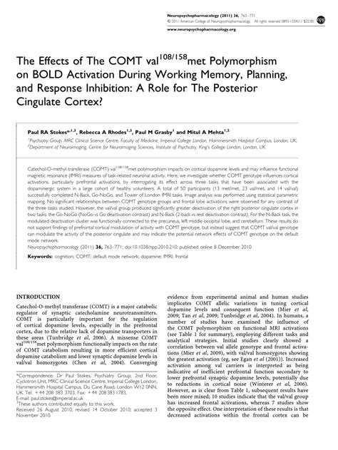 Pdf The Effects Of The Comt Val108and158met Polymorphism On Bold Activation During Working