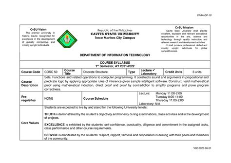 COSC Discrete Structure VPAA QF Republic Of The Philippines CAVITE STATE UNIVERSITY Trece
