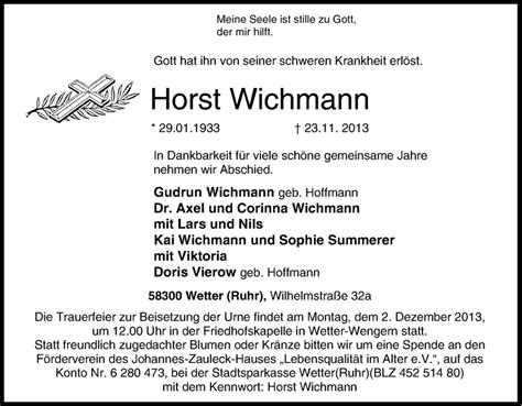 Traueranzeigen Von Horst Wichmann Trauer In Nrw De