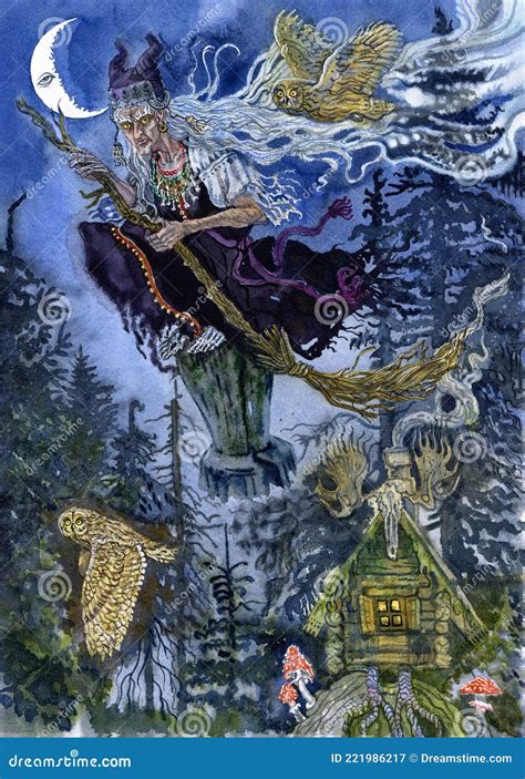 Baba Yaga La Bruja Del Folclore Eslavo Ilustración De Acuarela