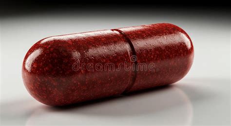 Red Capsule Shaped Pill Lying On A Reflective Surface The Pill Has A