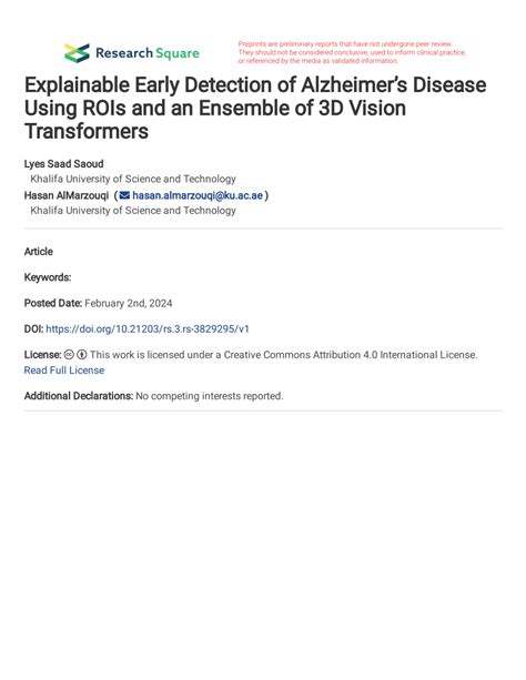 Pdf Explainable Early Detection Of Alzheimers Disease Using Rois And