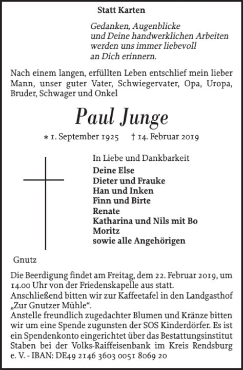 Traueranzeigen Von Paul Junge Shz Trauer