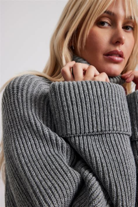 Ribbed Knitted High Neck Sweater Grey Na Kd