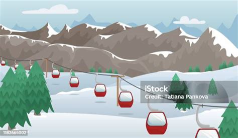 슬로프에 스키 리프트와 겨울 산 풍경 스키장 플랫 벡터 그림입니다 스키 리조트에 대한 스톡 벡터 아트 및 기타 이미지 스키 리조트 만년설 산봉우리 산 Istock