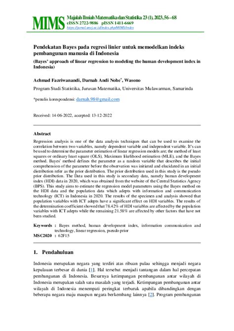 Pdf Bayes Approach Of Linear Regression To Modeling The Human Development Index In Indonesia