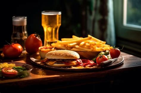 Oferta De Pizza Y Hamburguesa Y Bebida Y Papas Fritas Foto Realista